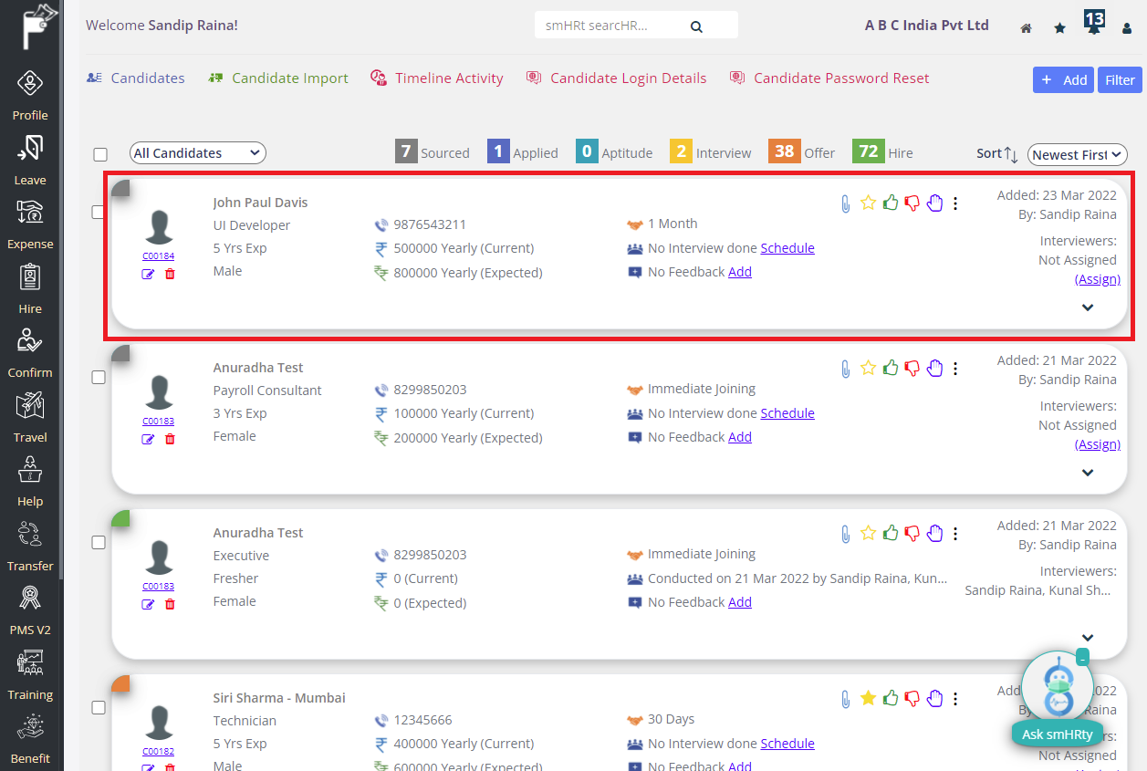 Add Candidate in Hire Module