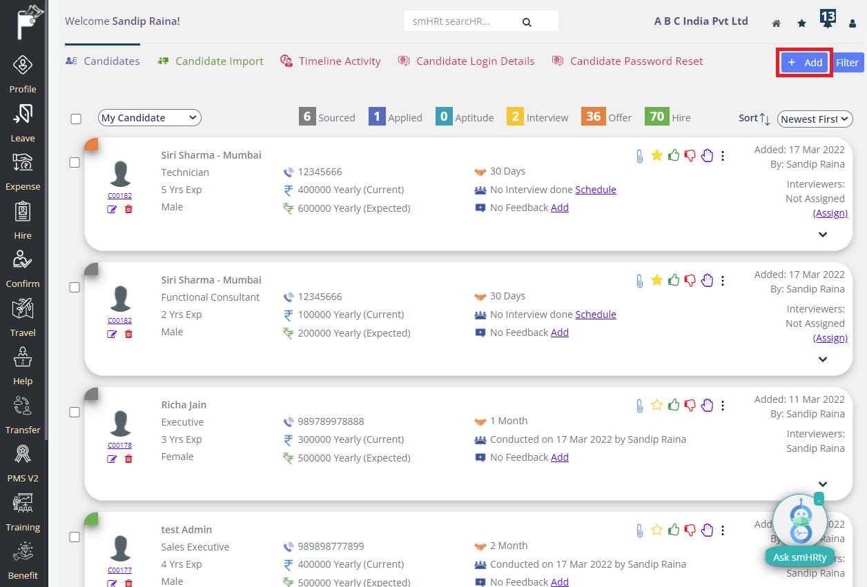 Add Candidate in Hire Module