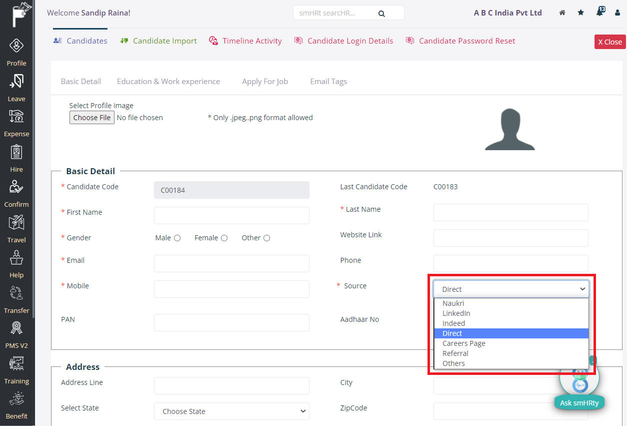 Add Candidate in Hire Module