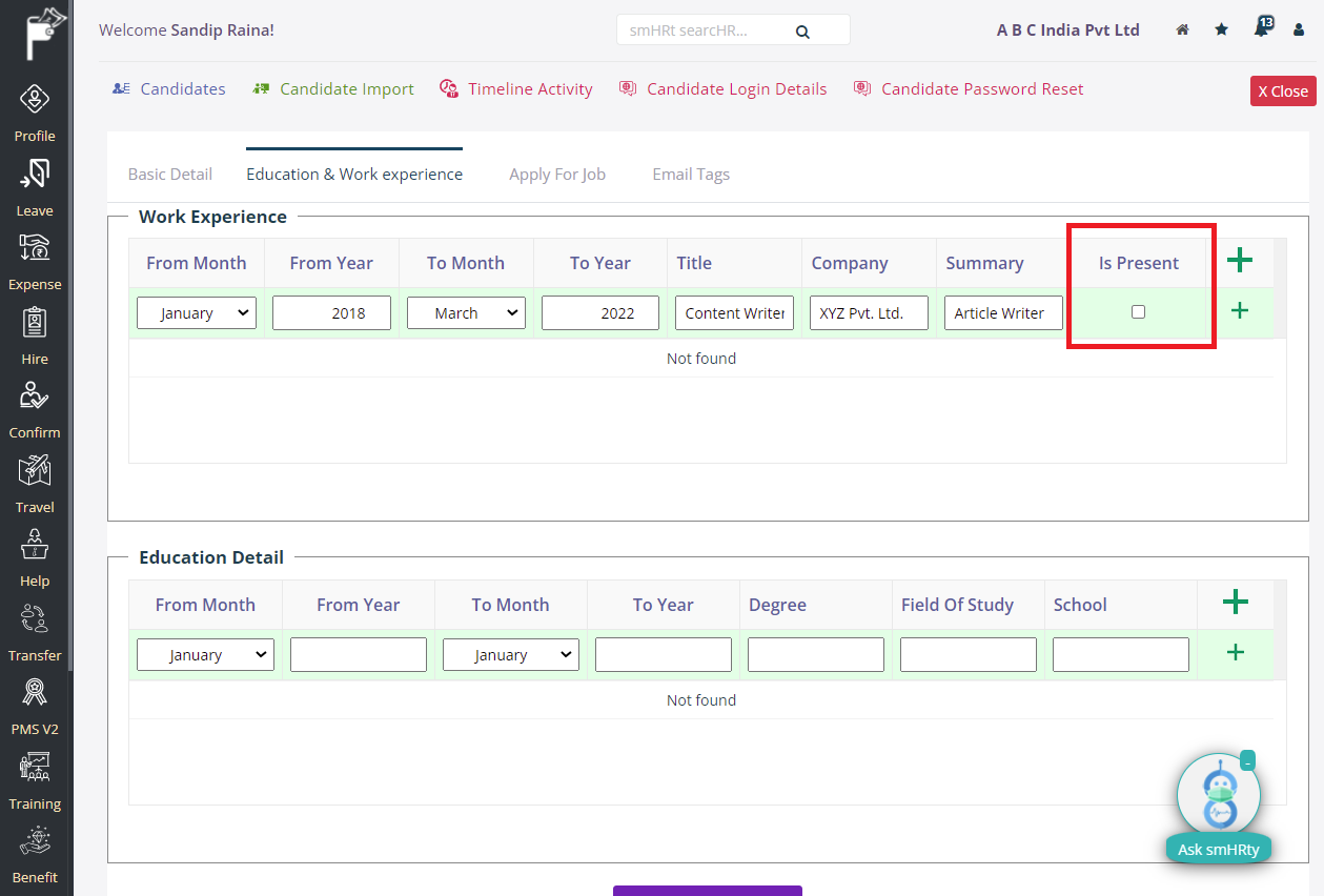 Add Candidate in Hire Module
