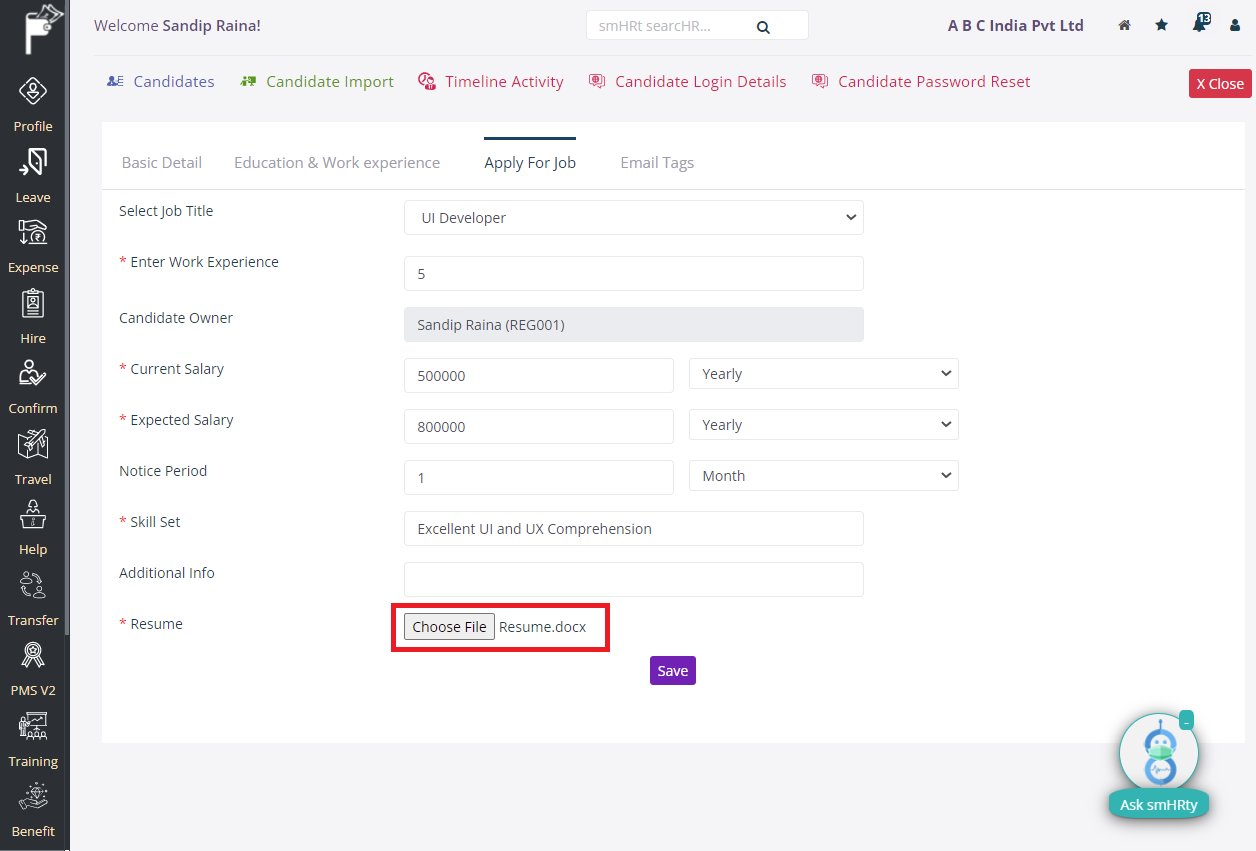 Add Candidate in Hire Module