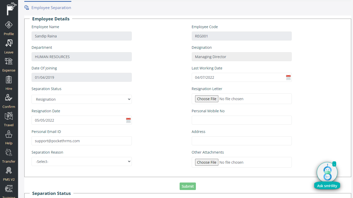 Employee Separation Entry