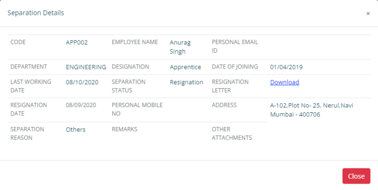 Employee Separation Entry